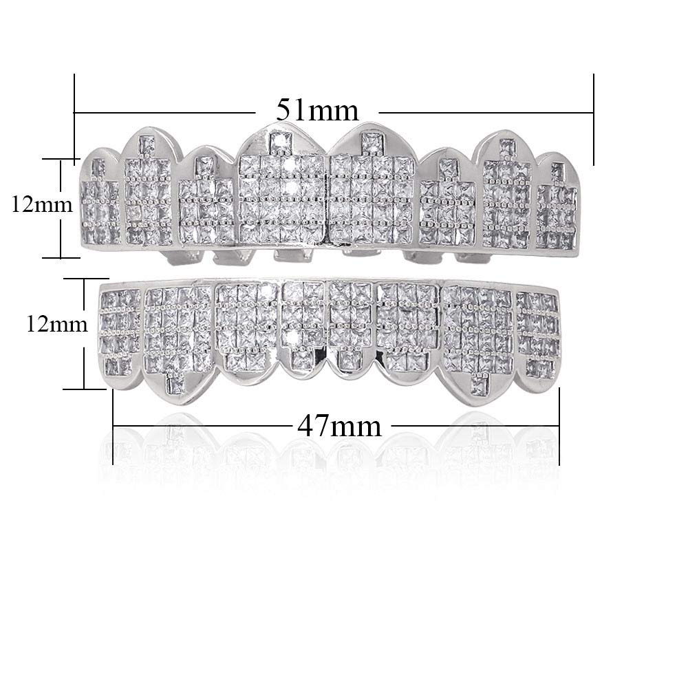 Psivika Diamond Grills Gold Plated Shiny Hip Hop Teeth Grillz Caps Iced Out CZ Top and Bottom Vampire Fangs Grillz for Men and Women (Silver)