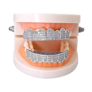 Psivika Diamond Grills Gold Plated Shiny Hip Hop Teeth Grillz Caps Iced Out CZ Top and Bottom Vampire Fangs Grillz for Men and Women (Silver)