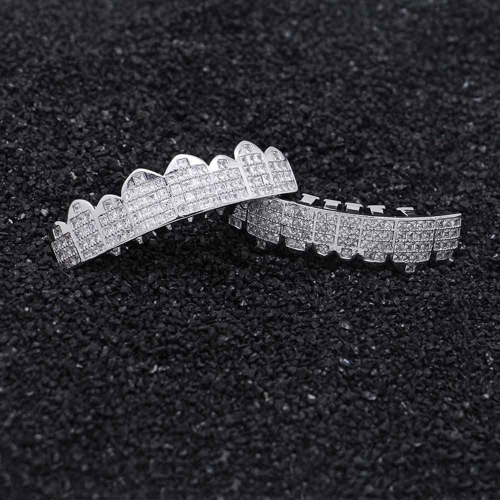 Psivika Diamond Grills Gold Plated Shiny Hip Hop Teeth Grillz Caps Iced Out CZ Top and Bottom Vampire Fangs Grillz for Men and Women (Silver)