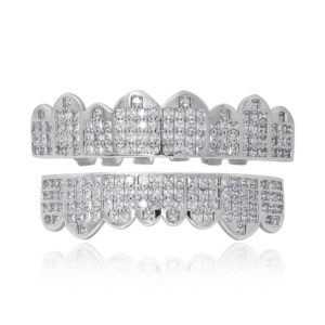 psivika diamond grills gold plated shiny hip hop teeth grillz caps iced out cz top and bottom vampire fangs grillz for men and women (silver)