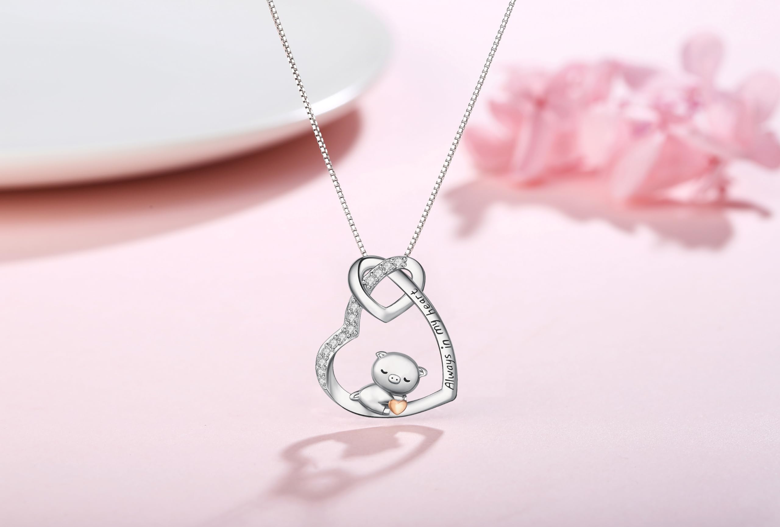 ABBGIABBW Pig Necklace 925 Sterling Silver Cute Pet Pig Heart Pendant Necklace Animal Jewelry Birthday Gift for Women