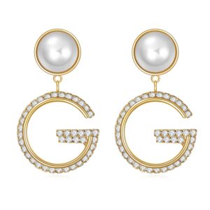 g initial stud earrings pearl letter drop earrings 14k gold plated 925 sterling silver post cubic zirconia earrings for women girls