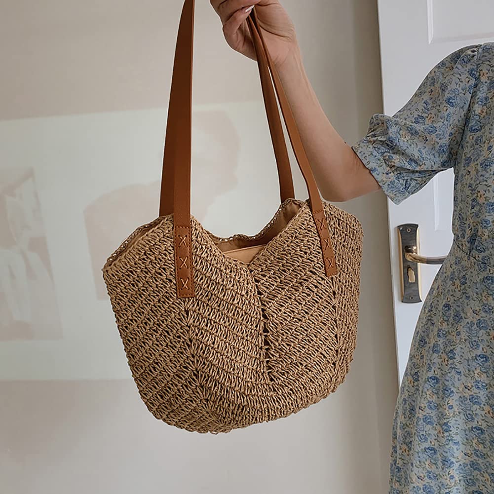 NIBD Hand-woven Soft Large Straw Shoulder Bag Retro Boho Tote Bags Summer Beach Woven bag Rattan Handbag (Brown)