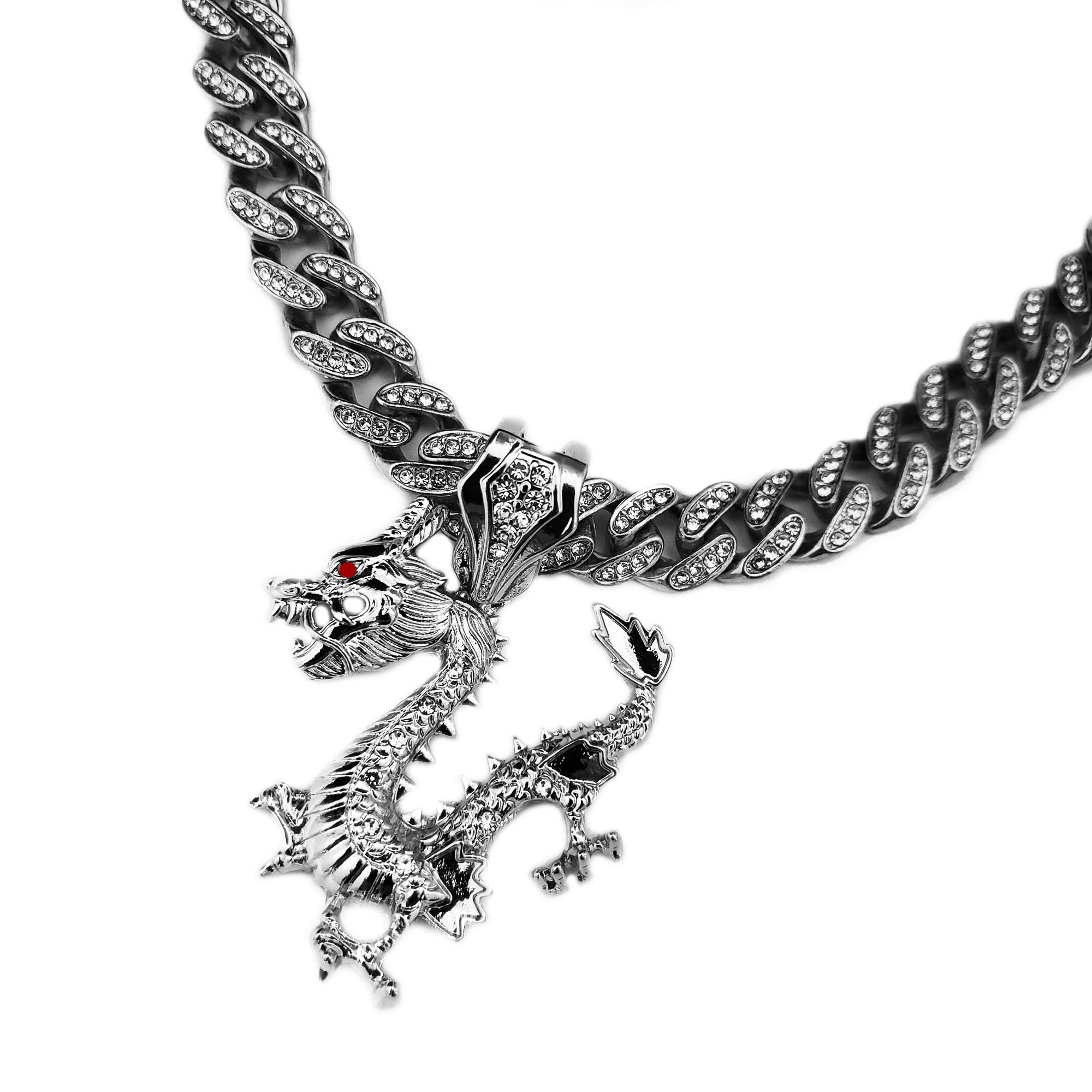 Silver Plated Dragon Pendant Pendant & 13mm 16" 18" 20" 24" Iced Cuban Box Lock Chain Hip Hop Necklace (Pendant & 24" Chain set)