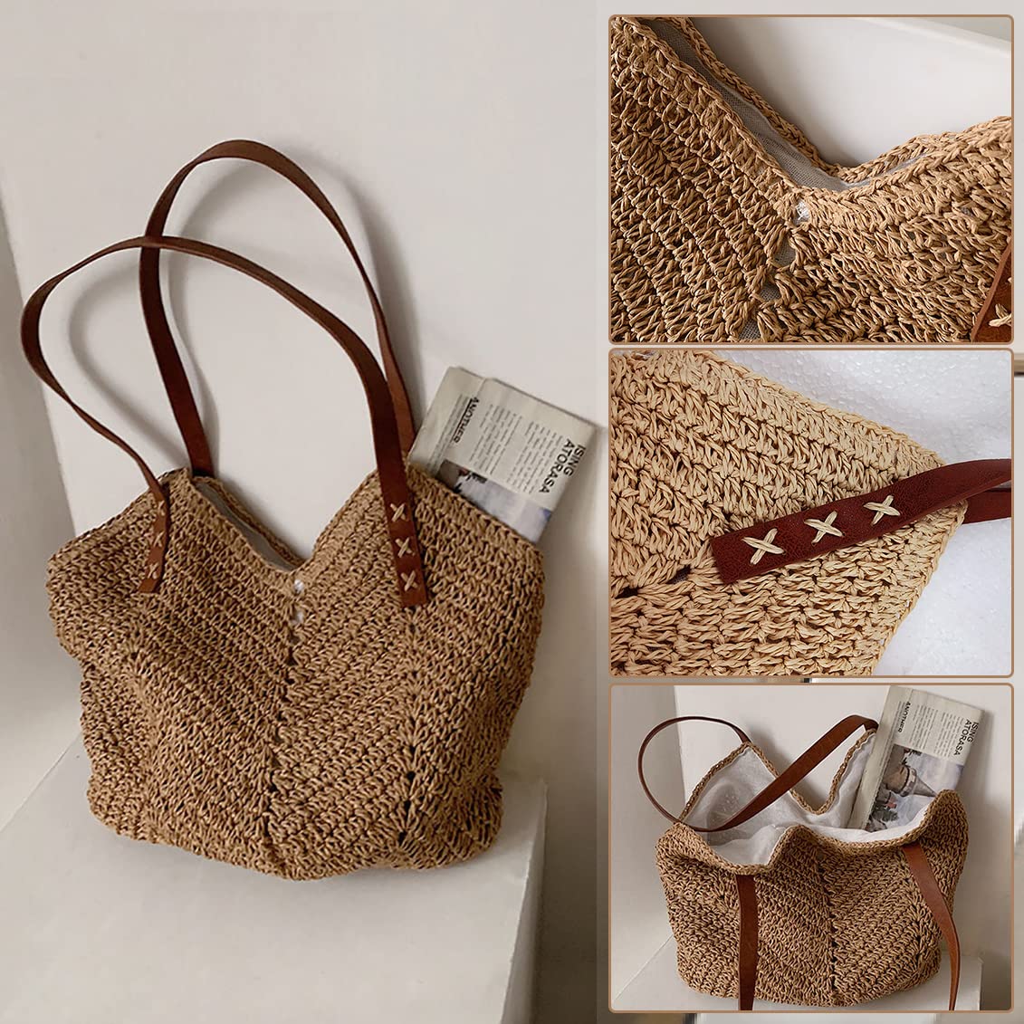 NIBD Hand-woven Soft Large Straw Shoulder Bag Retro Boho Tote Bags Summer Beach Woven bag Rattan Handbag (Brown)