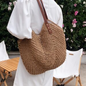 NIBD Hand-woven Soft Large Straw Shoulder Bag Retro Boho Tote Bags Summer Beach Woven bag Rattan Handbag (Brown)