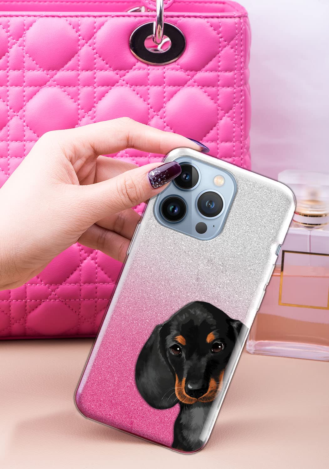 FINCIBO Shiny Sparkling Silver Pink Gradient 2 Tone Glitter TPU Protector Case Cover Compatible with Apple iPhone 13 Pro 6.1 inch 2021 - Dachshund Puppy Dog Hide and Seek