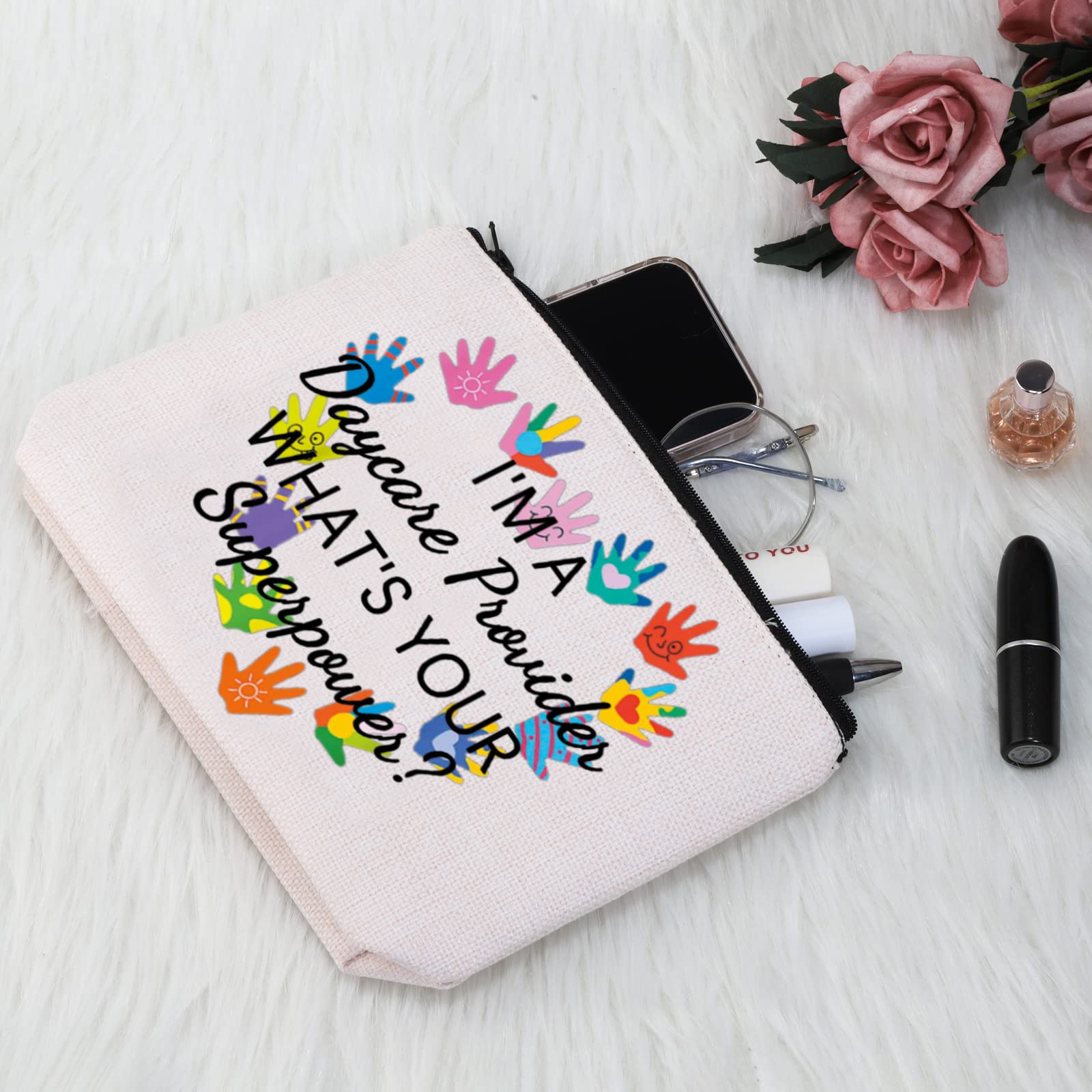 G2TUP Childcare Provider Gift I’m A Daycare Provider What’s Your Superpower Zipper Makeup Bag Childcare Teacher Appreciation Cosmetic Bag Travel Bag (Daycare Provider White Bag)