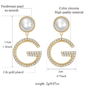 G Initial Stud Earrings Pearl Letter Drop Earrings 14K Gold Plated 925 Sterling Silver Post Cubic Zirconia Earrings for Women Girls