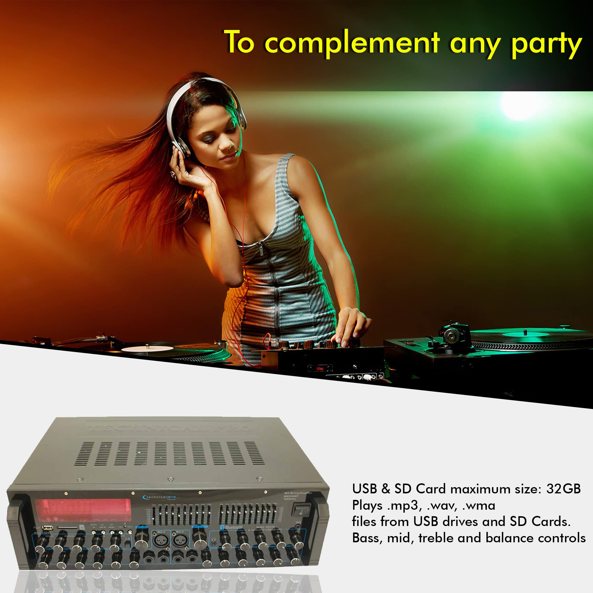 Technical Pro 2000 Watts Professional Mixer and Amplifier with Built-in Bluetooth and EQ, 6 Mic Inputs, USB & SD Card for Speaker, DJ Karaoke, Home Theater