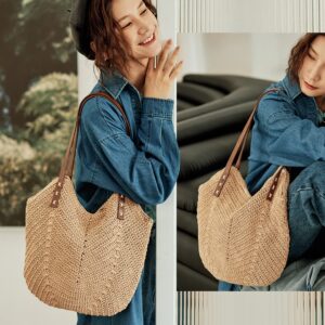 NIBD Hand-woven Soft Large Straw Shoulder Bag Retro Boho Tote Bags Summer Beach Woven bag Rattan Handbag (Brown)