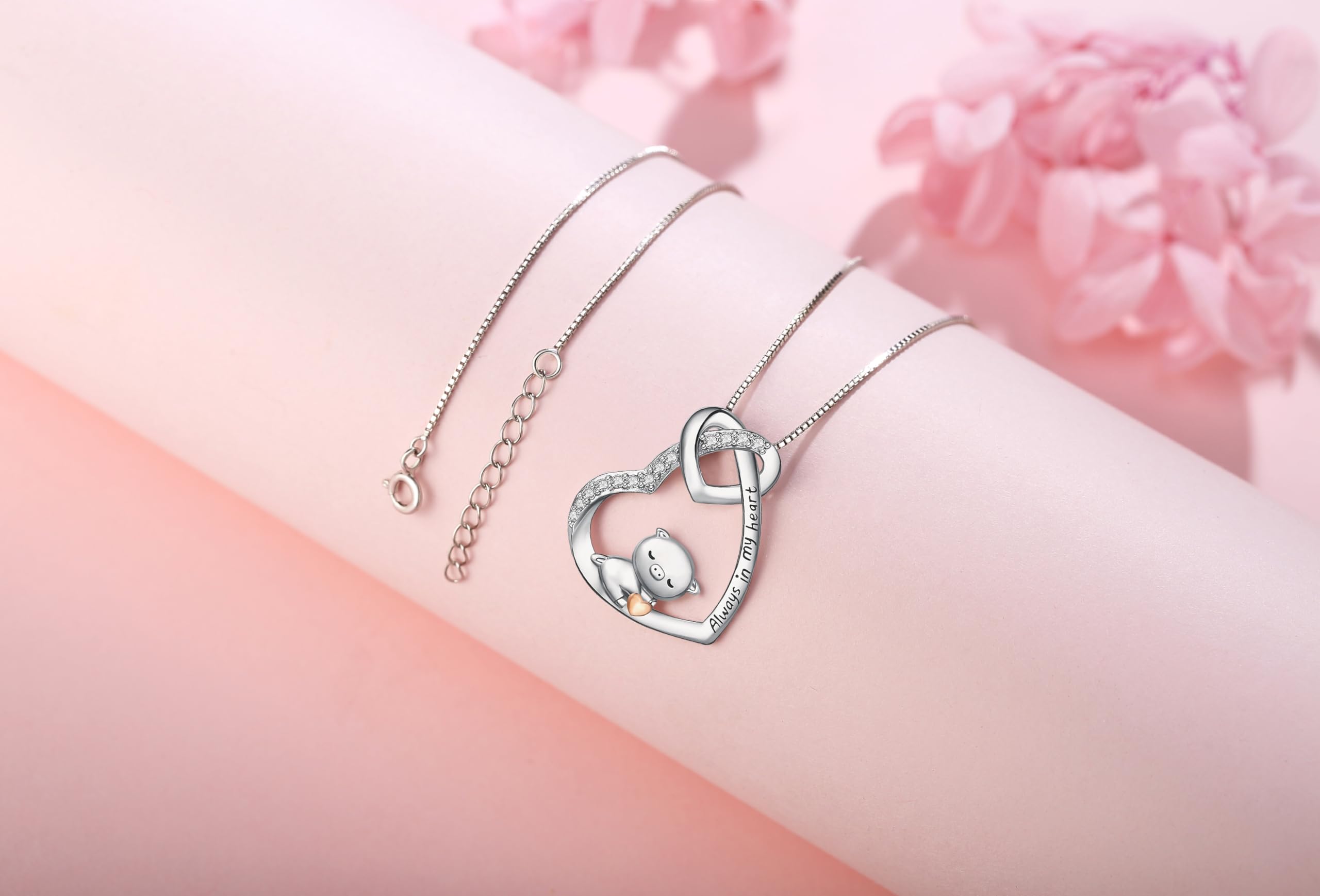 ABBGIABBW Pig Necklace 925 Sterling Silver Cute Pet Pig Heart Pendant Necklace Animal Jewelry Birthday Gift for Women