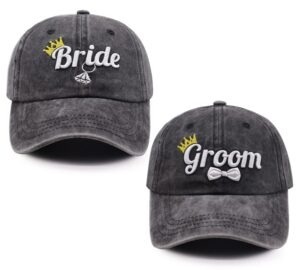 bride groom gifts hat for men women, mr and mrs newlywed honeymoon wedding party hats, funny embroidered adjustable washed cotton baseball cap couples set black