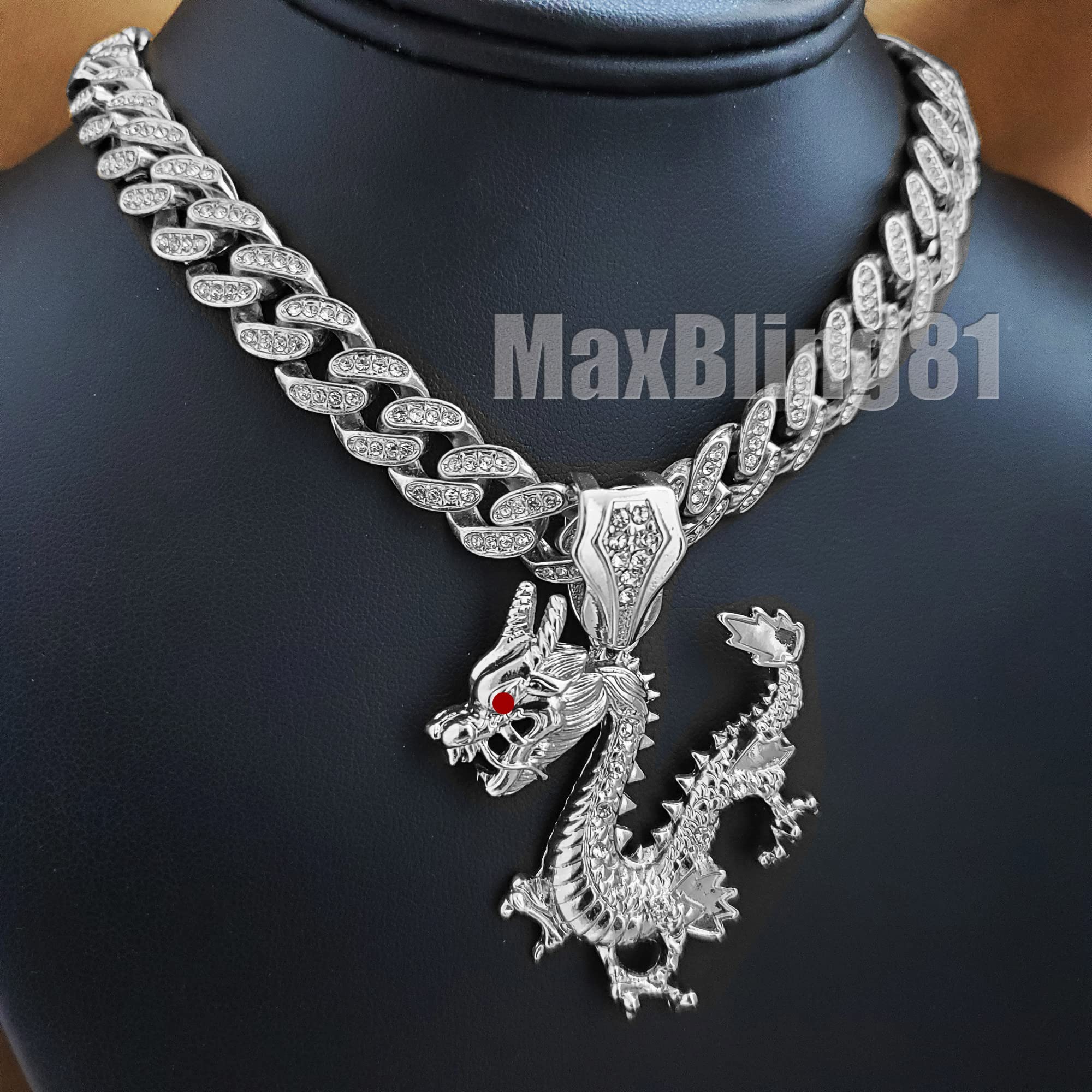 Silver Plated Dragon Pendant Pendant & 13mm 16" 18" 20" 24" Iced Cuban Box Lock Chain Hip Hop Necklace (Pendant & 24" Chain set)