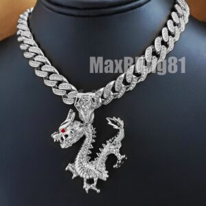 Silver Plated Dragon Pendant Pendant & 13mm 16" 18" 20" 24" Iced Cuban Box Lock Chain Hip Hop Necklace (Pendant & 24" Chain set)