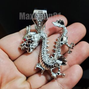 Silver Plated Dragon Pendant Pendant & 13mm 16" 18" 20" 24" Iced Cuban Box Lock Chain Hip Hop Necklace (Pendant & 24" Chain set)