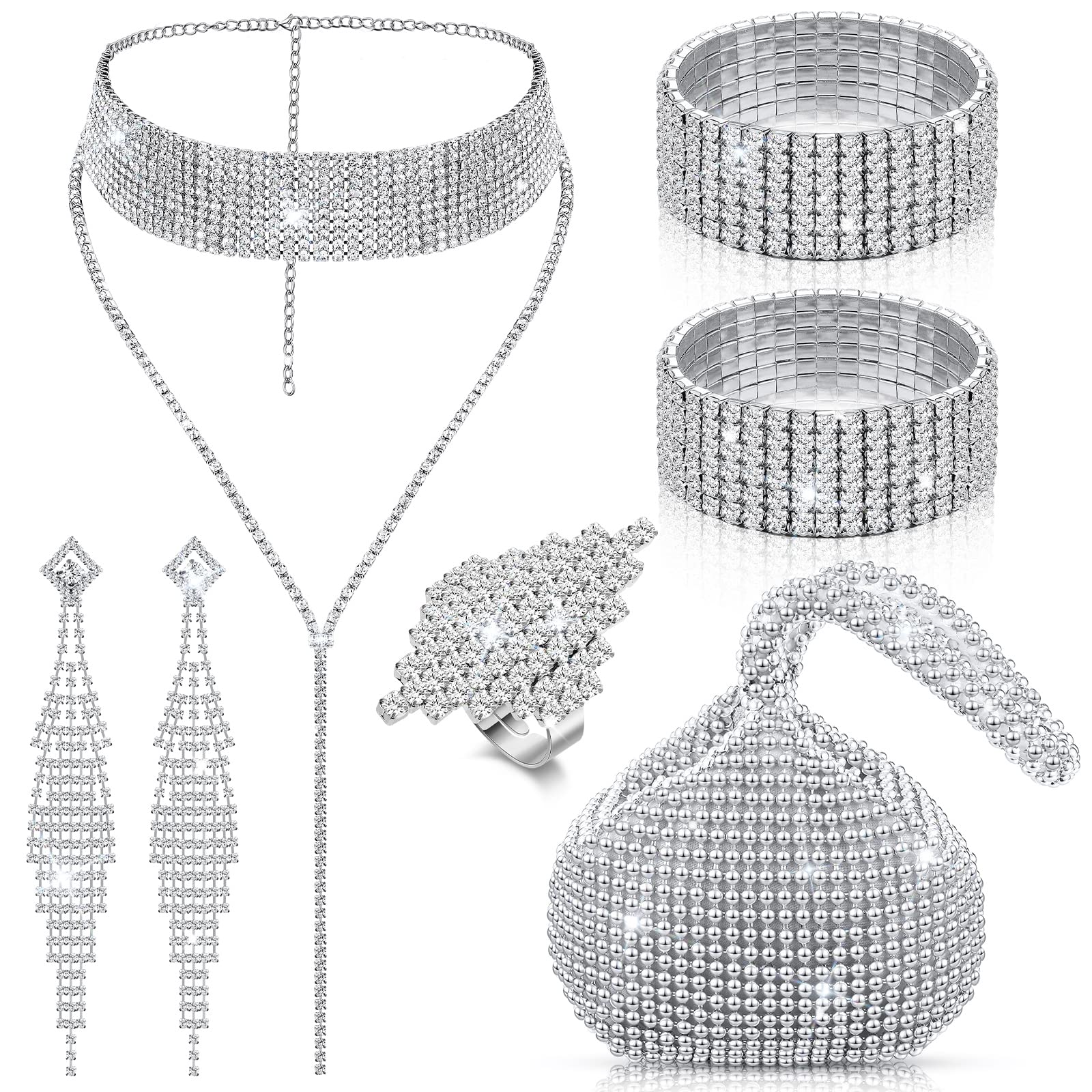 6 Pieces Women Rhinestone Jewelry Set Rhinestone Choker Stretch Bracelets Dangle Earrings Crystal Necklace Ring Rhinestone Handbag for Wedding Party (Silver)