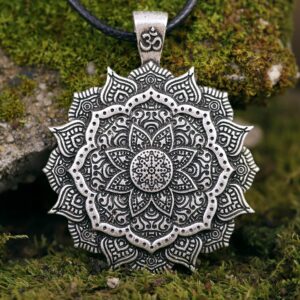 HAQUIL Mandala Flower of Life Necklace, Buddhist Lotus Flower Om Mandala Pendant, Faux Leather Cord, Mandala Gift