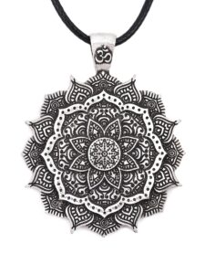 haquil mandala flower of life necklace, buddhist lotus flower om mandala pendant, faux leather cord, mandala gift