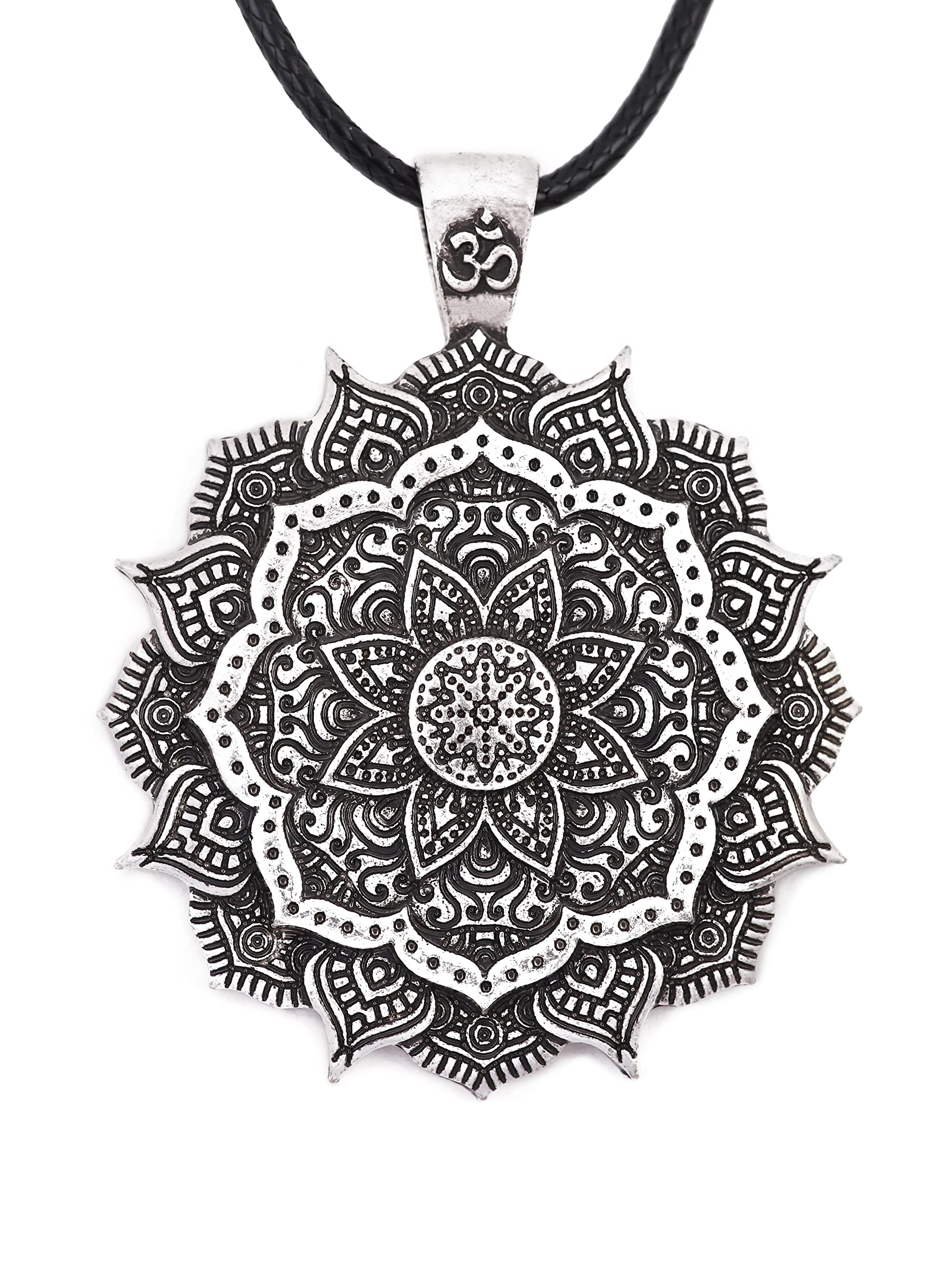 HAQUIL Mandala Flower of Life Necklace, Buddhist Lotus Flower Om Mandala Pendant, Faux Leather Cord, Mandala Gift