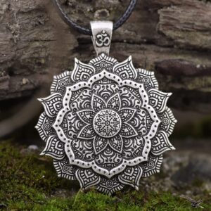 HAQUIL Mandala Flower of Life Necklace, Buddhist Lotus Flower Om Mandala Pendant, Faux Leather Cord, Mandala Gift