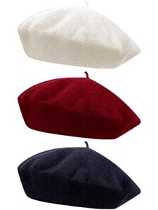 3 pieces beret hat french style beanie cap solid color winter hat for women and girls casual use (navy, white, burgundy)