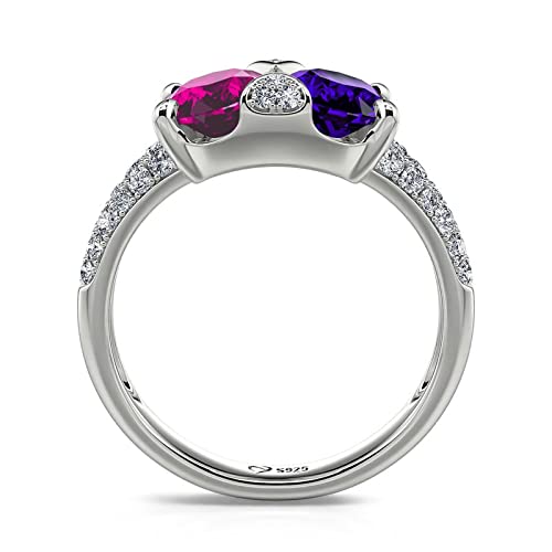 Jeulia Sterling Silver Purple Amethyst Women Ring Women's 2-Stone Engagement Ring Oval Fancy Pink diamond Promise Wedding Band Anniversary Crystal Halo Bridal Ring Set with Jewelry Gift Box (Amethyst+Pink, 9)