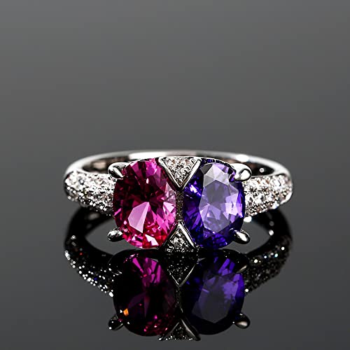 Jeulia Sterling Silver Purple Amethyst Women Ring Women's 2-Stone Engagement Ring Oval Fancy Pink diamond Promise Wedding Band Anniversary Crystal Halo Bridal Ring Set with Jewelry Gift Box (Amethyst+Pink, 9)