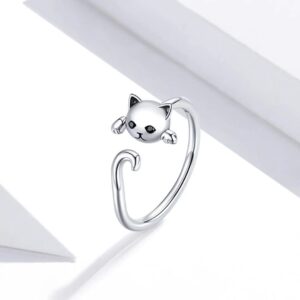 Qings Lovely Cat Adjustable Ring 925 Sterling Cubic Zirconia Animal Ring Silver Simple Cute Pet Kitty Wrap Stackable Statement Wedding Engagement Finger Rings Fashion Jewelry Gifts for Women