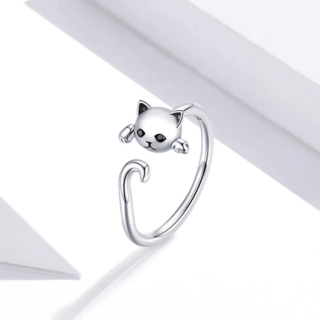 Qings Lovely Cat Adjustable Ring 925 Sterling Cubic Zirconia Animal Ring Silver Simple Cute Pet Kitty Wrap Stackable Statement Wedding Engagement Finger Rings Fashion Jewelry Gifts for Women