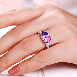 Jeulia Sterling Silver Purple Amethyst Women Ring Women's 2-Stone Engagement Ring Oval Fancy Pink diamond Promise Wedding Band Anniversary Crystal Halo Bridal Ring Set with Jewelry Gift Box (Amethyst+Pink, 9)