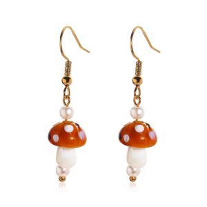 cute mushroom dangle drop earrings creative 3d simulation lightweight mushroom pearl earrings handmade funny food vegetable mushroom earrings for women (brown)