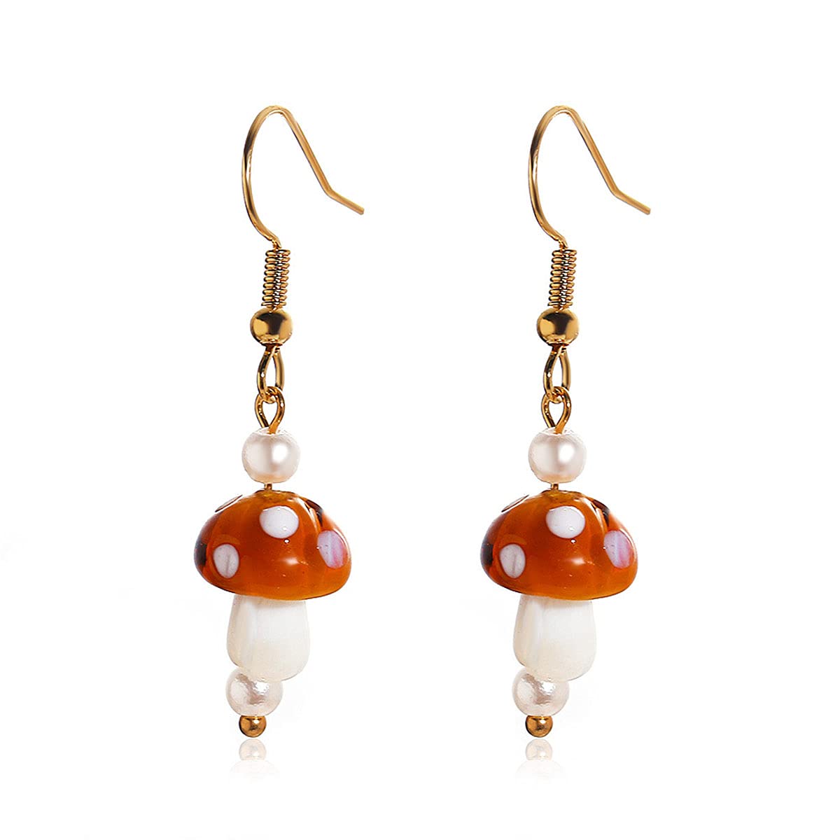 Cute Mushroom Dangle Drop Earrings Creative 3D Simulation Lightweight Mushroom Pearl Earrings Handmade Funny Food Vegetable Mushroom Earrings for Women (Brown)