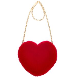 miayon heart shaped faux fur purse fluffy crossbody bag chain shoulder bag cute clutch halloween christmas valentine for women and girls (red)