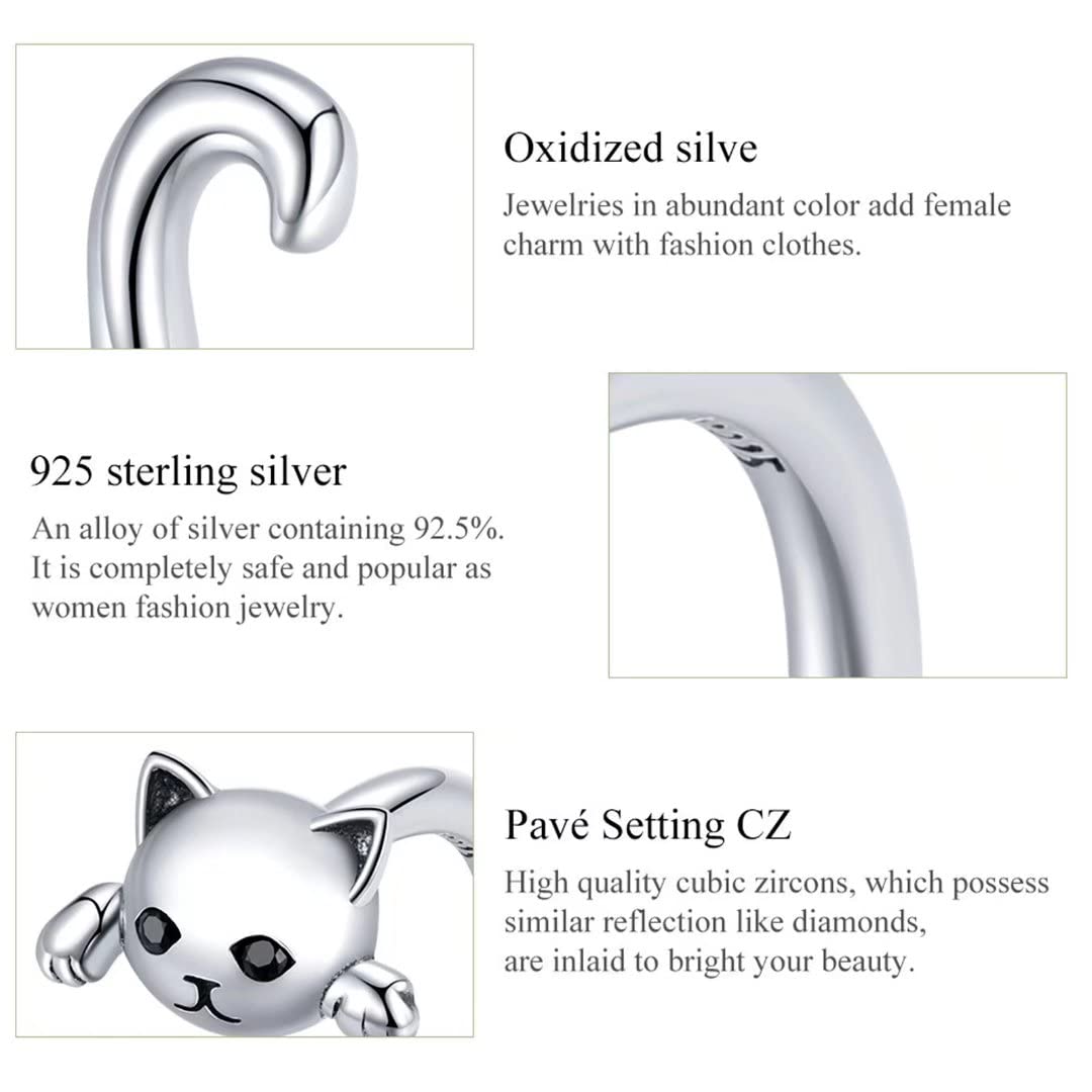 Qings Lovely Cat Adjustable Ring 925 Sterling Cubic Zirconia Animal Ring Silver Simple Cute Pet Kitty Wrap Stackable Statement Wedding Engagement Finger Rings Fashion Jewelry Gifts for Women