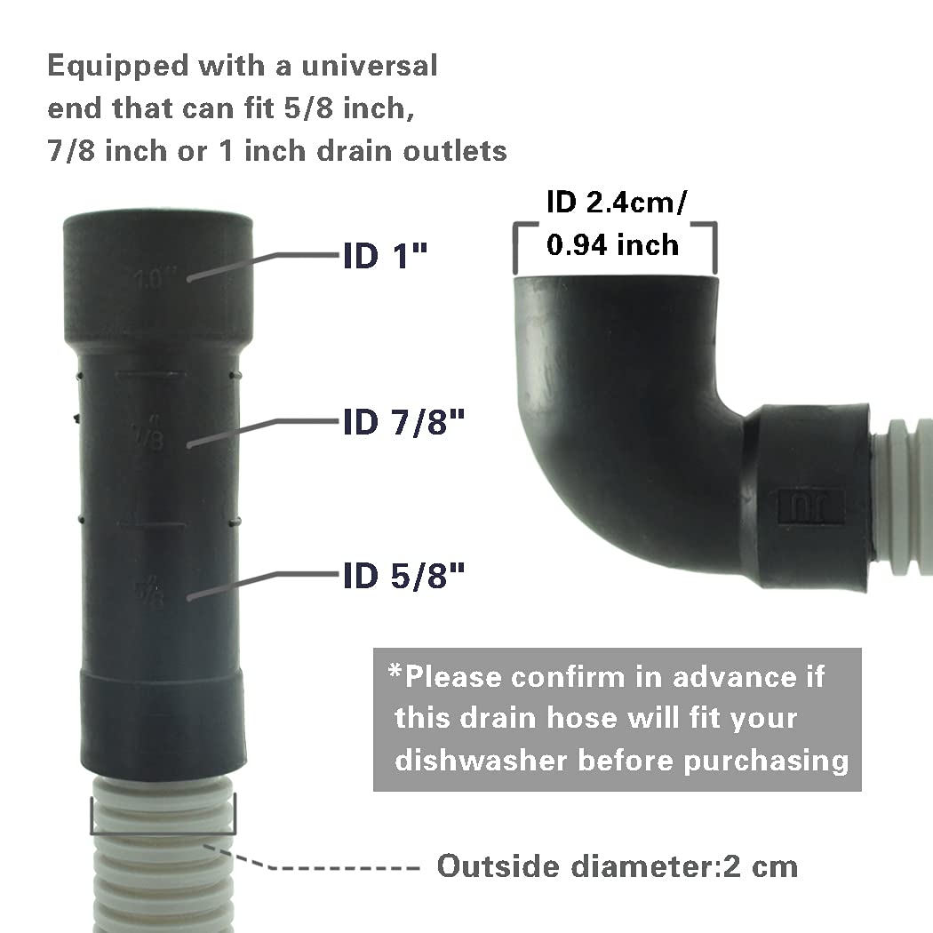 Universal Dishwasher Drain Hose with Elbow - 8 Ft Discharge Hose - Corrugated and Flexible Dishwasher Hose Drain Replacement with Clamp by TT FLEX