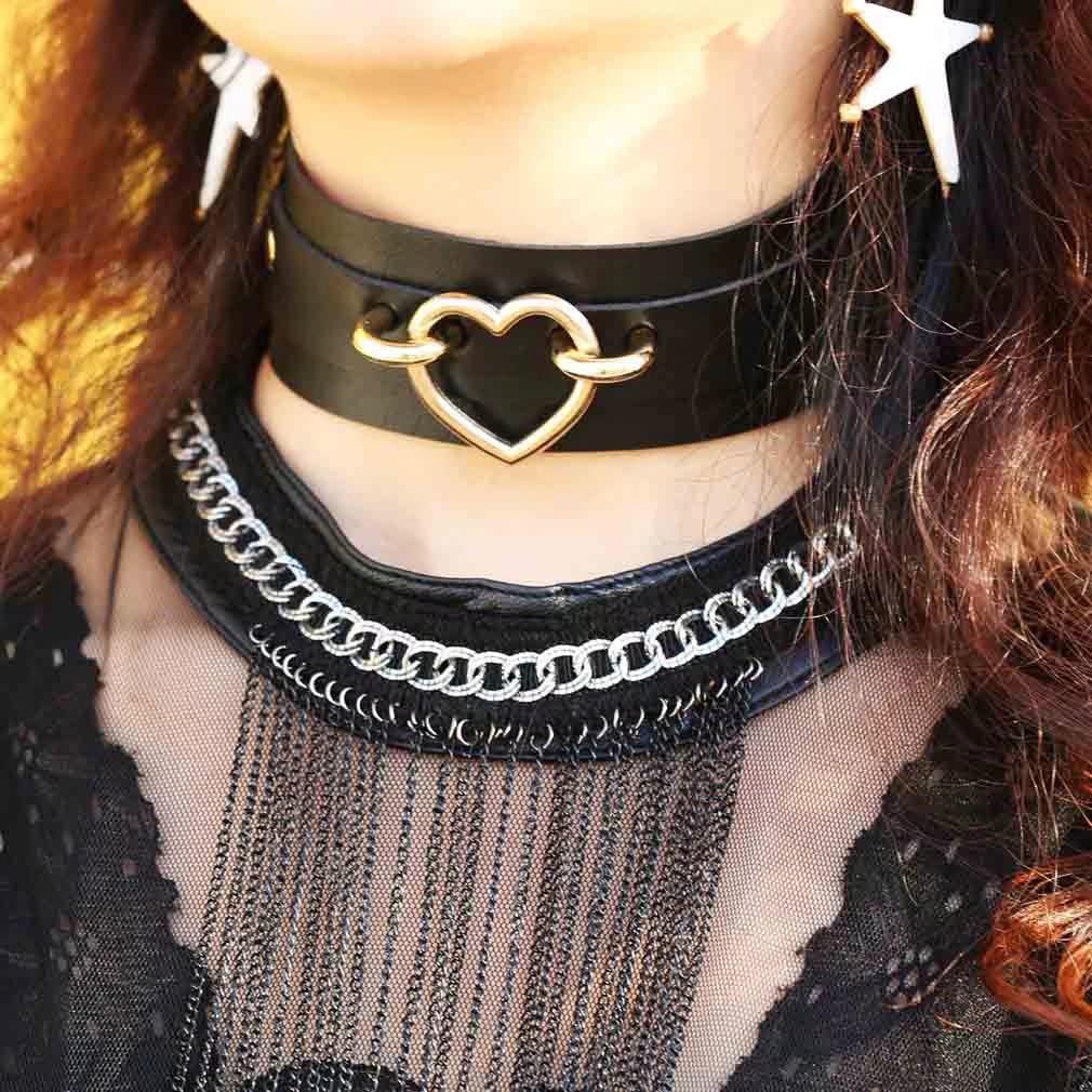 Adjustable PU Leather Choker Necklace, Goth Punk Choker Collar Necklace for Women Girls Boys Rockers (2 Heart)