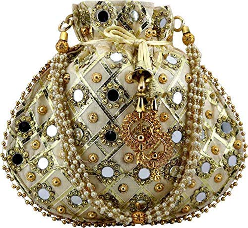 Gold Potli Wristlets Ethnic Potli For Women's | Designer Rajasthani Style Royal Clutch Silk Batwa | Zari Work Potli | Bridal Potli | Potli Bags