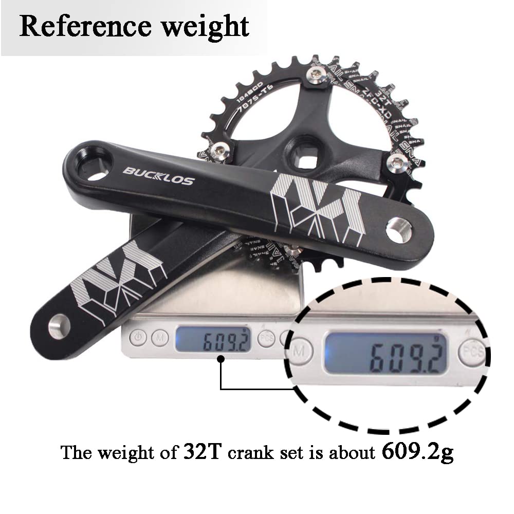 BUCKLOS MTB 170mm Square Taper Crankset, 104 BCD Mountain Bike Narrow Wide Tooth Chainring 32T, Single Speed Round Black Chainring and Crank，MTB Road Bike Black Lightweight Pedals