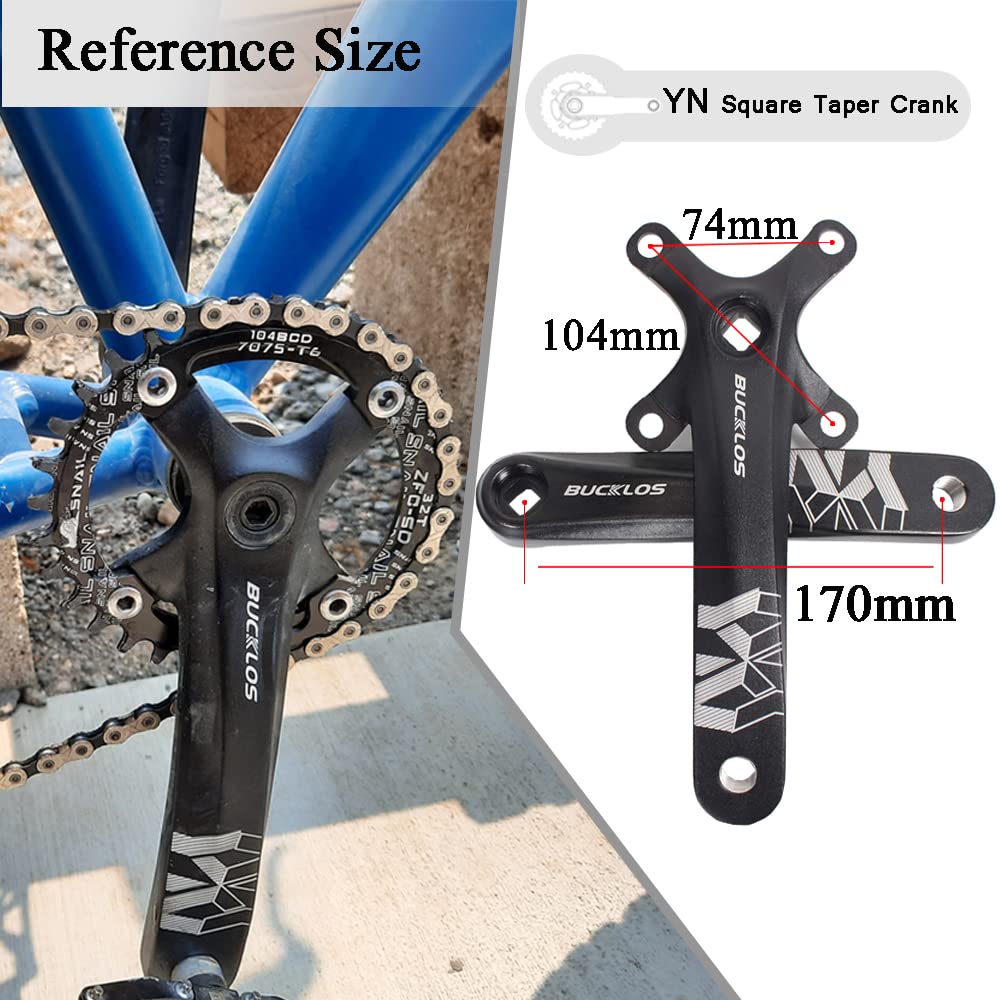 BUCKLOS MTB 170mm Square Taper Crankset, 104 BCD Mountain Bike Narrow Wide Tooth Chainring 32T, Single Speed Round Black Chainring and Crank，MTB Road Bike Black Lightweight Pedals