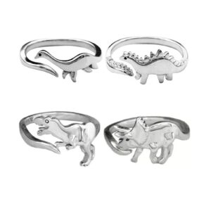 colorful bling 4pcs dinosaur rings stegosaurus tyrannosaurus triceratops adjustable rings for hip hop hippie style cool jewelry women men (4pcs)