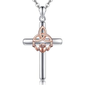 chic & artsy celtic cross necklace 925 sterling silver claddagh celtic knot pendant necklace for women dainty two-tone christian claddagh celtic trinity knot cross necklace for women