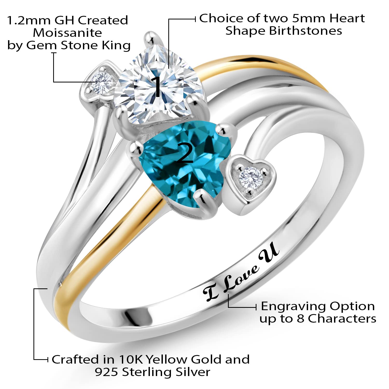 Gem Stone King 925 Sterling Silver and 10K Yellow Gold Customized and Personalized 2-Stone Heart Shape Gemstone Birthstone and White Moissanite Ring For Women (Size 8)