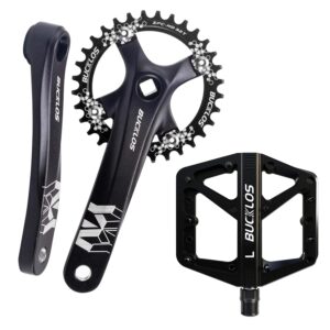 bucklos mtb 170mm square taper crankset, 104 bcd mountain bike narrow wide tooth chainring 32t, single speed round black chainring and crank，mtb road bike black lightweight pedals