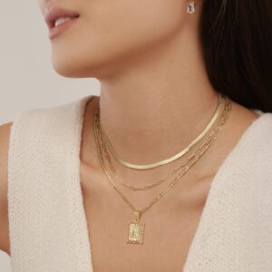 KissYan Gold Layered Initial Necklace Set for Womens, 14K Gold Plated Letter A Pendant Necklace Paperclip Snake Choker Alphabets from A-Z Figaro Chain Necklace Jewelry Gift