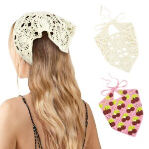 gerinly women crochet hair bandana 2 pcs boho triangle head scarf kerchief elegant lace and cute cherry accessory