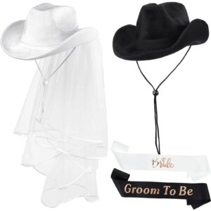 satinior 2 pieces bride cowgirl hat with veil, groom and bride hats, 2 pieces bride and groom to be sash bachelorette party supplies for women men wedding bridal shower decoration