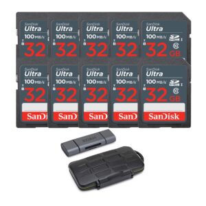 sandisk 32gb ultra sdhc uhs-i memory cards (10-pack) with rugged storage case and reader bundle (12 items)