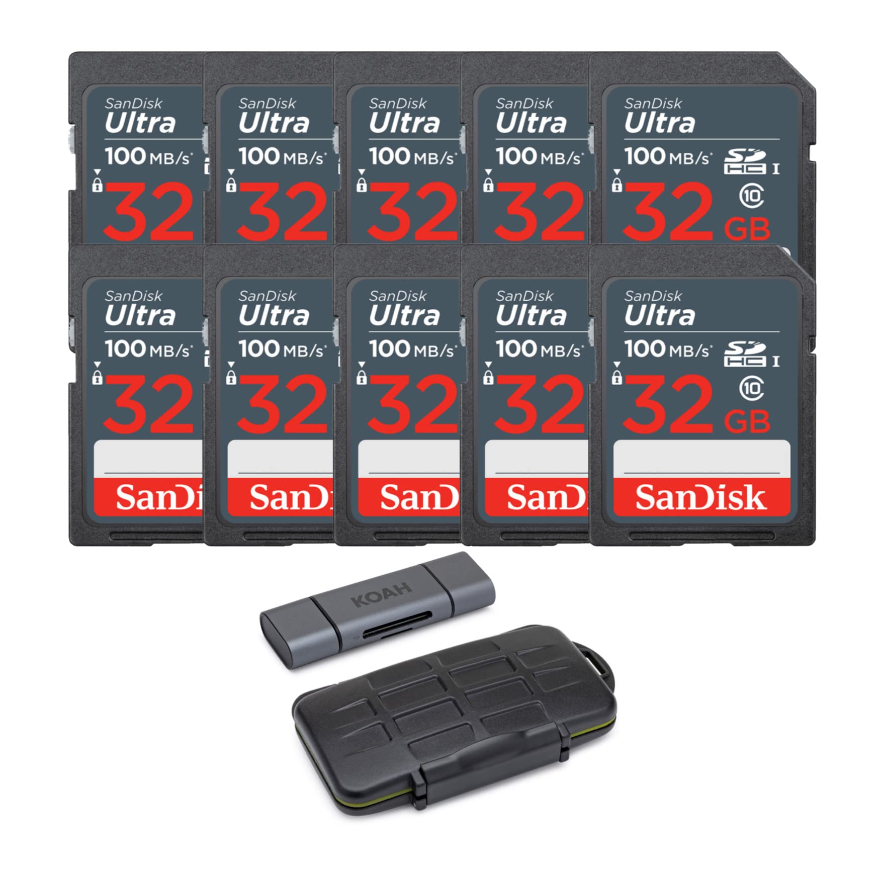 SanDisk 32GB Ultra SDHC UHS-I Memory Cards (10-Pack) with Rugged Storage Case and Reader Bundle (12 Items)