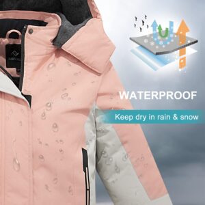 FARVALUE Girls Waterproof Ski Jacket Windproof Winter Coat Warm Snow Coat Outdoor Raincoats with Removable Hood Pink 8